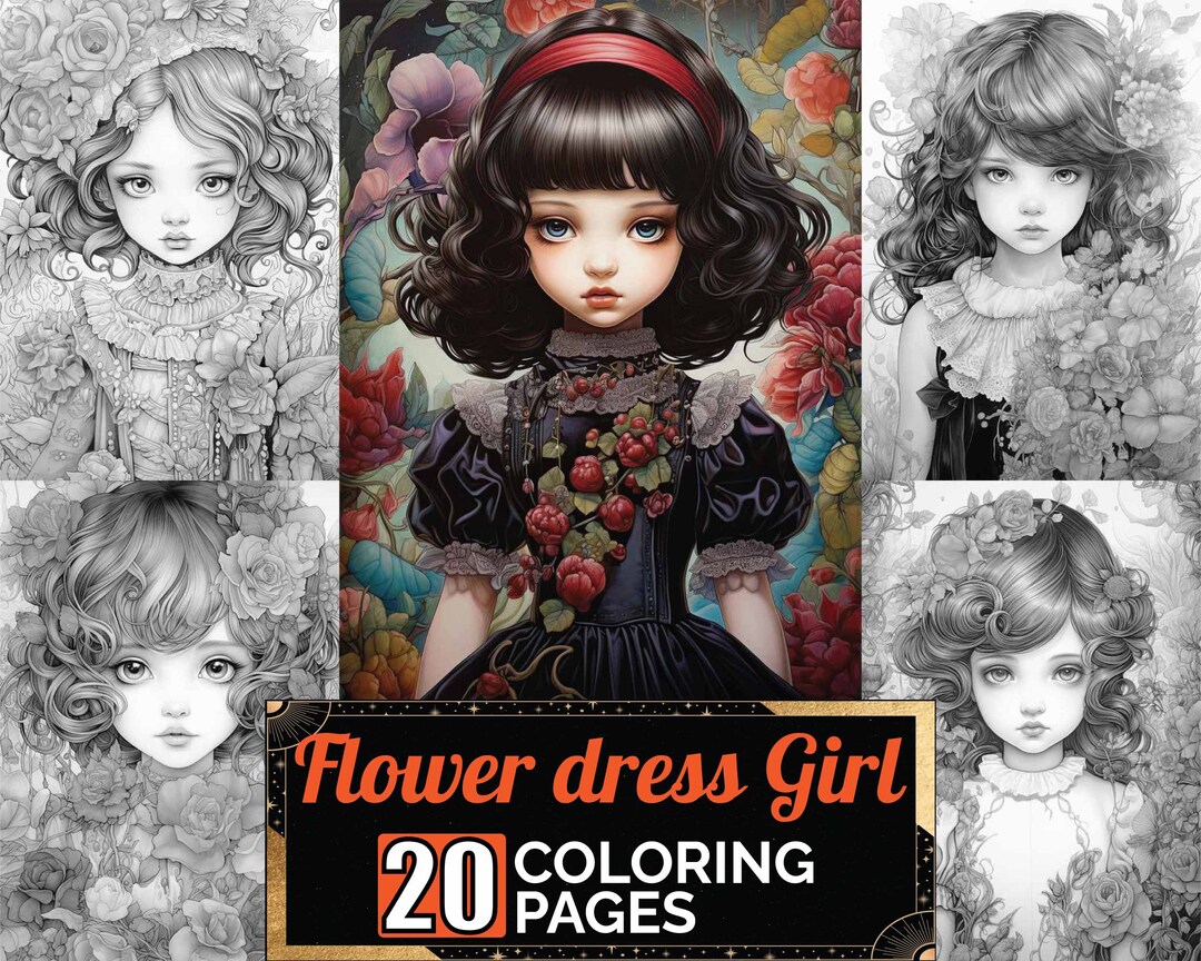 Flower Dress Girl Coloring Book, 20 Premium Adult Kids Beautiful Girl ...