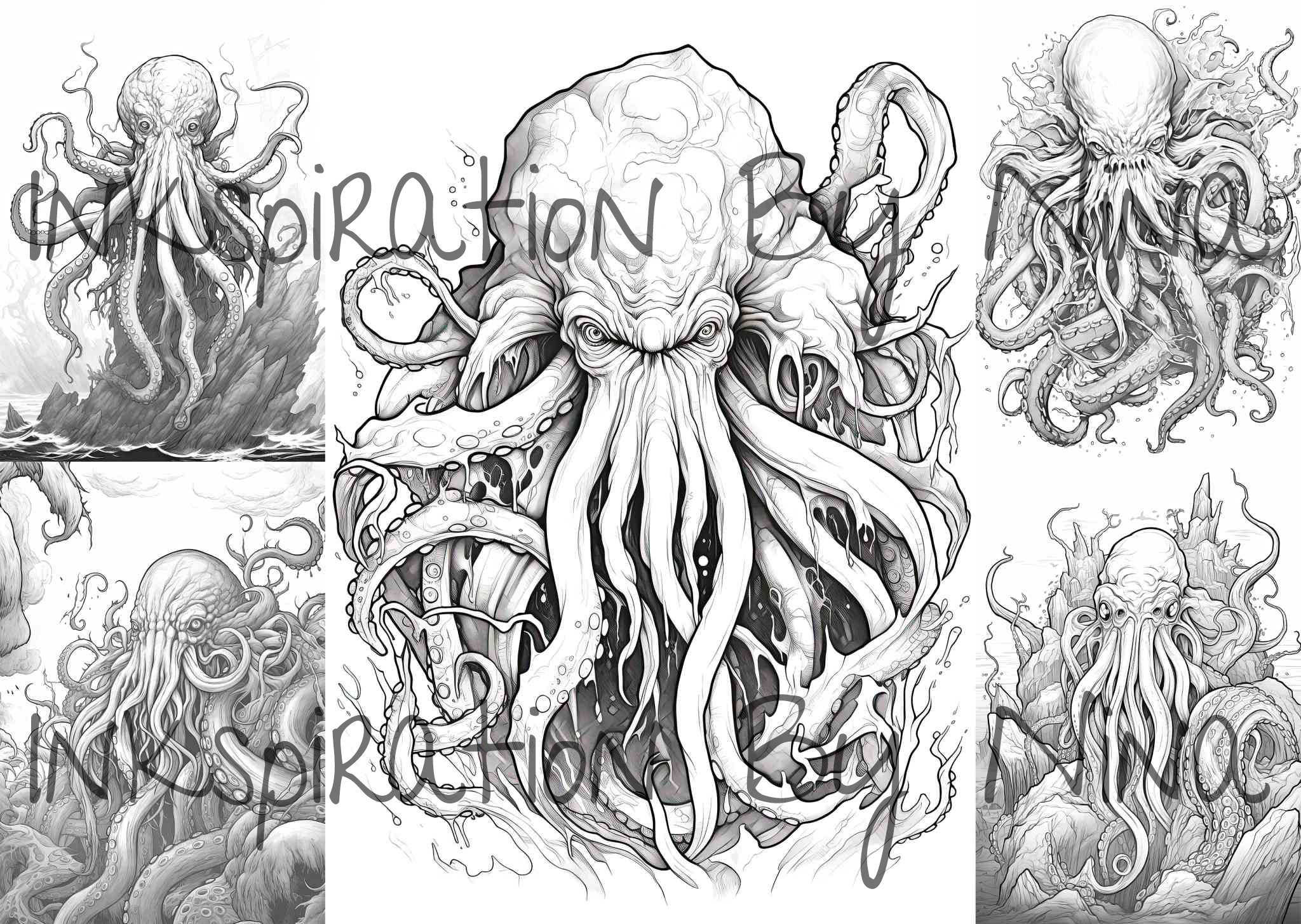 Cthulhu Tentacle Sea Monster Coloring Book, 16 Detail Greyscale Adult ...