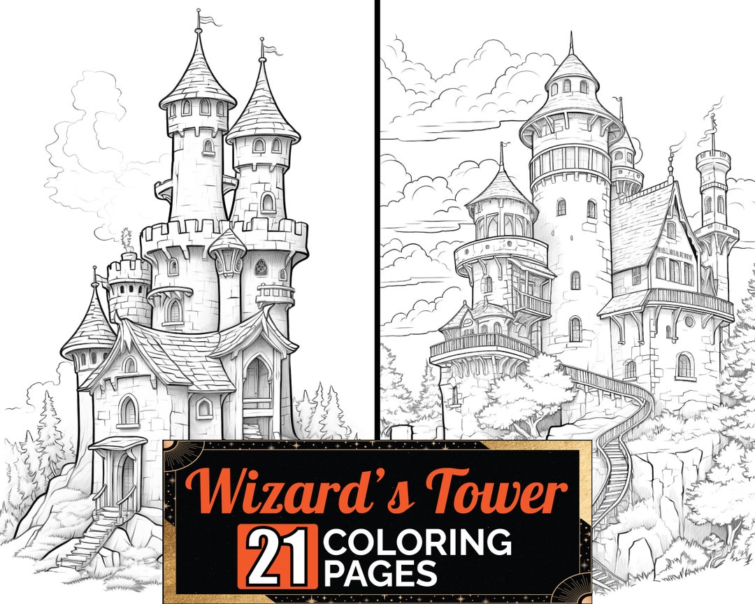 Magical Wizard's Tower Coloring Book, 21 Detail Greyscale Adult & Kids ...