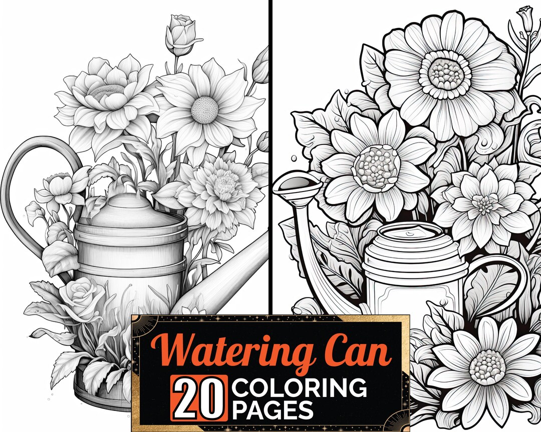 Flower Watering Can Coloring Book, 20 Detail Greyscale Adult & Kids ...