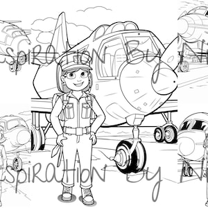 Cartoon Young Pilot Woman Coloring Book, 21 Greyscale Adult & Kids ...