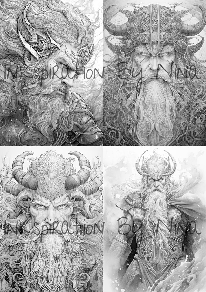 Norse Ragnarok Mythology Coloring Book, 20 Greyscale Adult & Kids ...