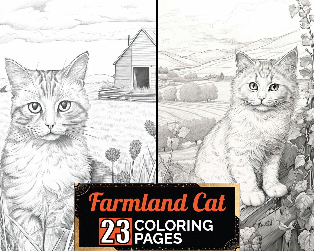Farmland Cat Coloring Book, 23 Greyscale Adult & Kids Animal Pet Kitty ...