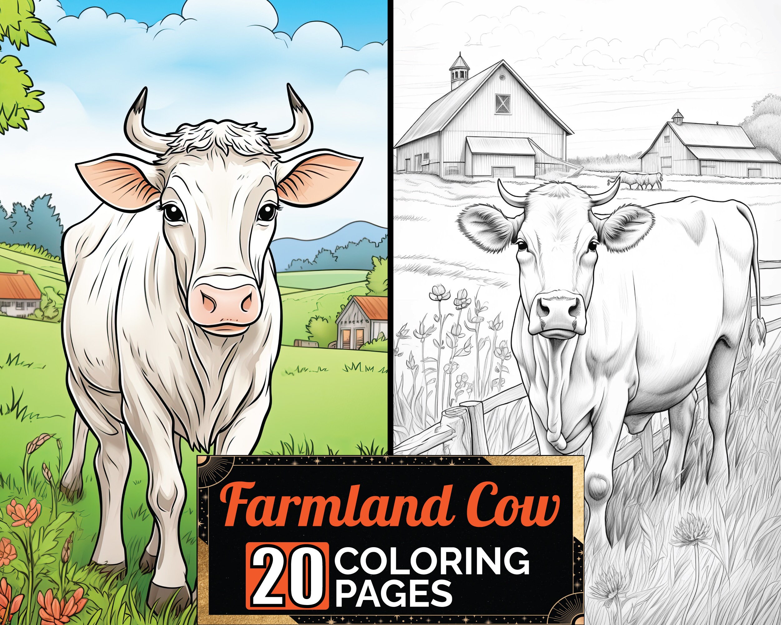Farmland Cow Coloring Book, 20 Greyscale Adult & Kids Farm Animal ...