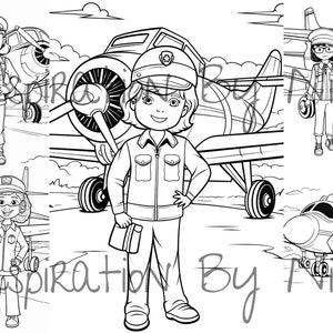 Cartoon Young Pilot Woman Coloring Book, 21 Greyscale Adult & Kids ...