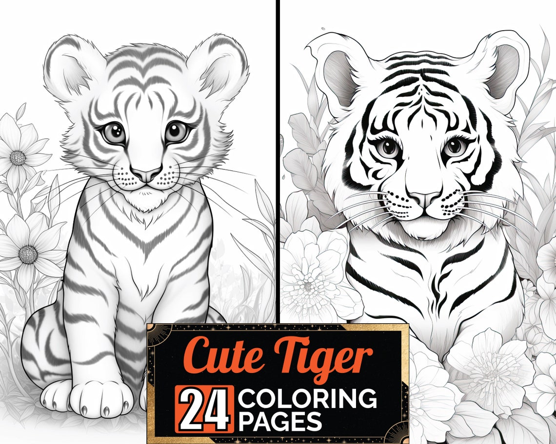 Cute Friendly Tiger Coloring Book, 24 Detail Greyscale Adult & Kids ...