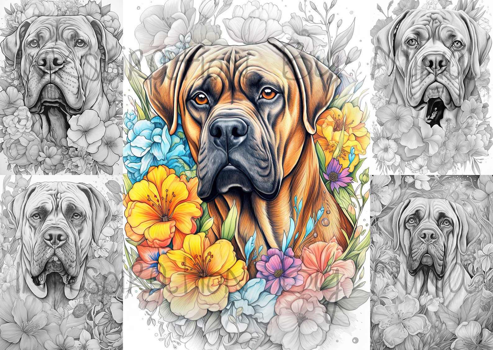 Mastiff Dog in Flowers Coloring Pages 20 Premium Coloring - Etsy