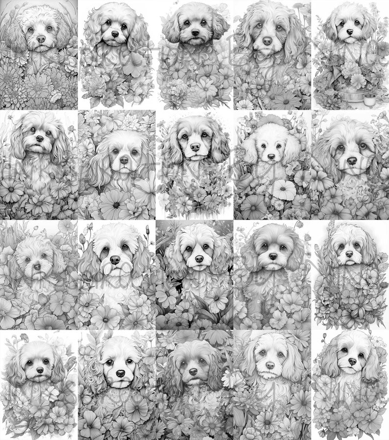 Cavapoo in Flowers Coloring Pages, 20 Premium Coloring Sheets, Coloring ...