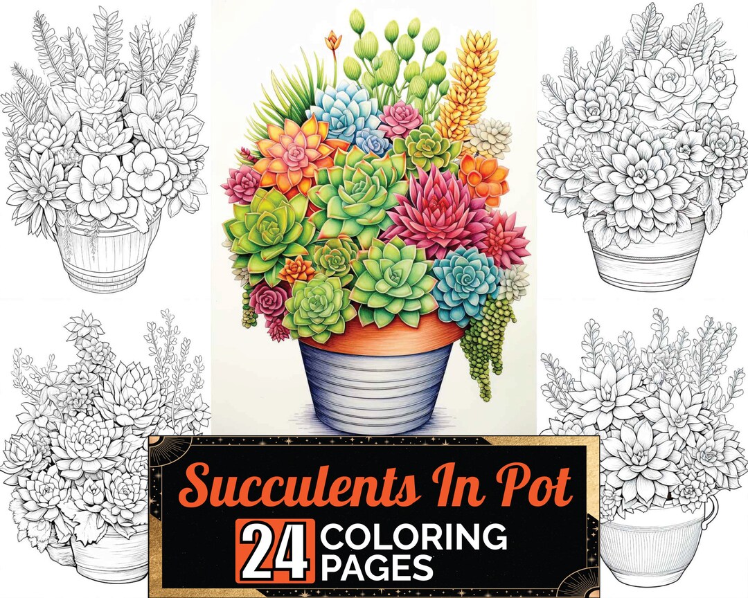 Succulents in Plant Pot Coloring Book, 24 Detail Greyscale Adult & Kid ...