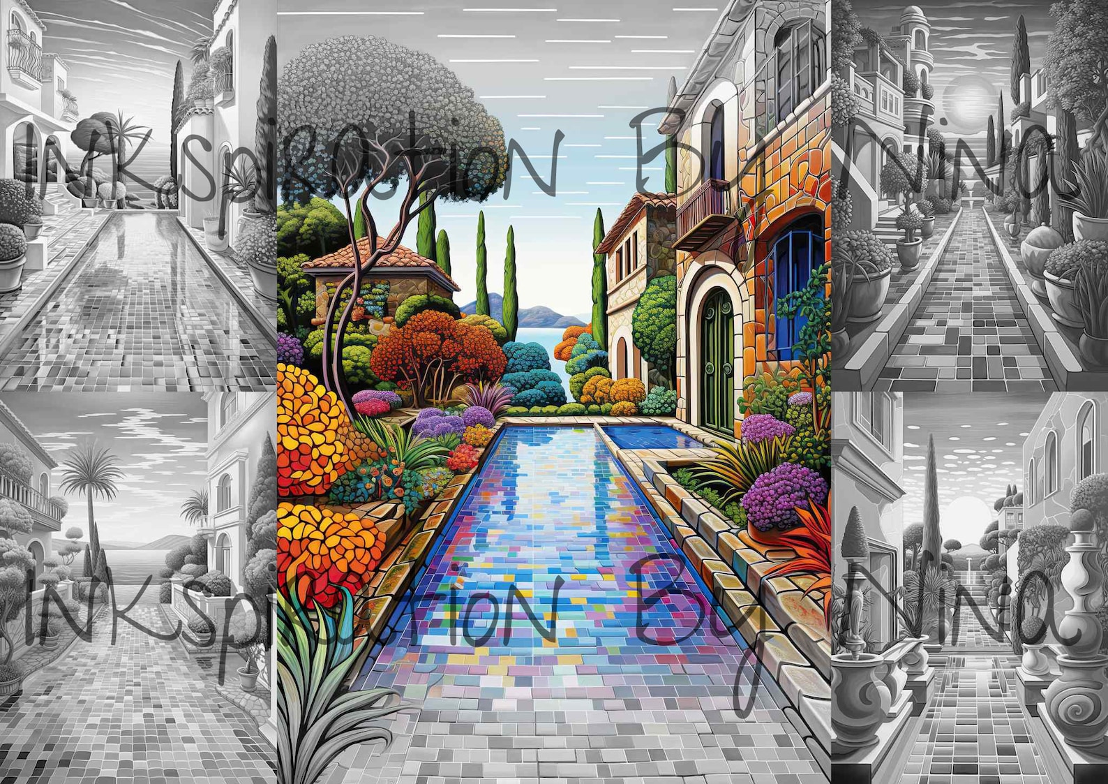 Luxury Pool Villa Coloring Book, 20 Detail Greyscale Adult & Kids ...