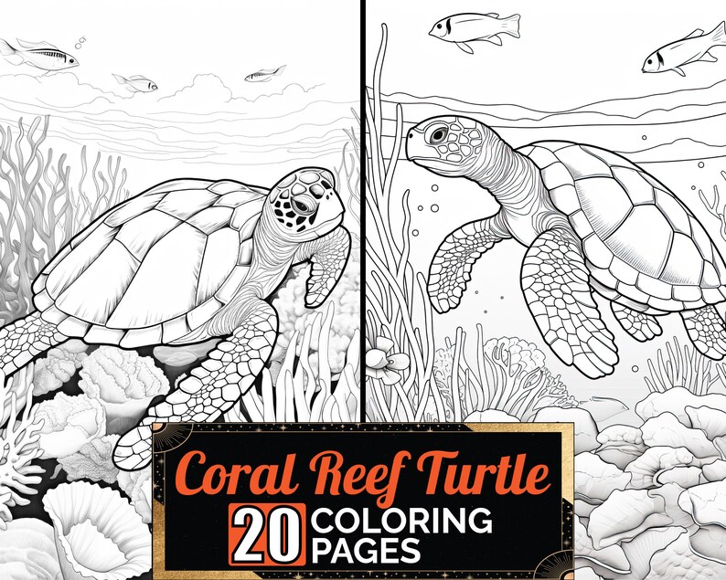 Coral Reef Swimming Turtle Coloring Book, 20 Detail Greyscale Adult ...