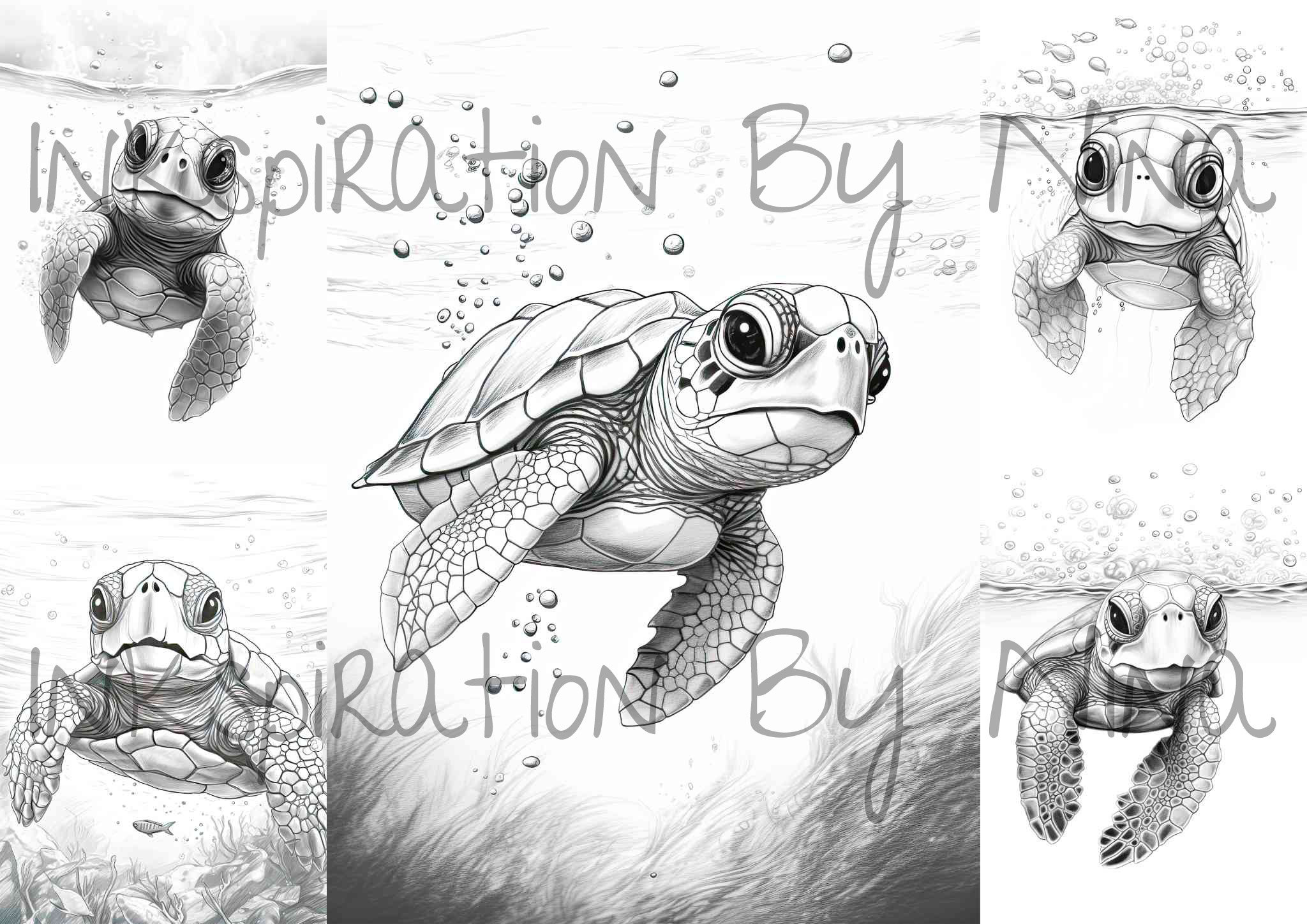 Cute Baby Sea Turtle Coloring Book, 21 Detail Greyscale Adult & Kids ...