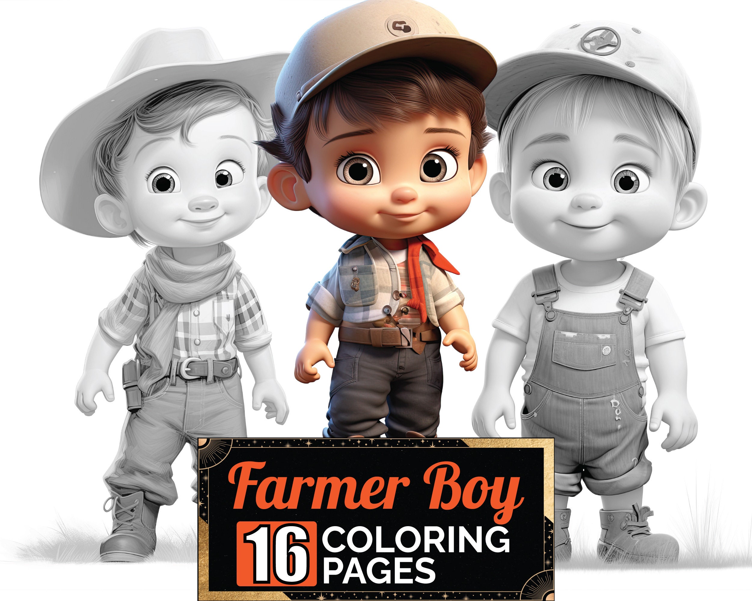 Cute Farmer Countryside Boy Coloring Book, 16 Detail Greyscale Adult ...