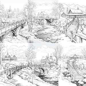 Wooden Bridge on Frozen River Coloring Book, 23 Detail Greyscale Adult ...