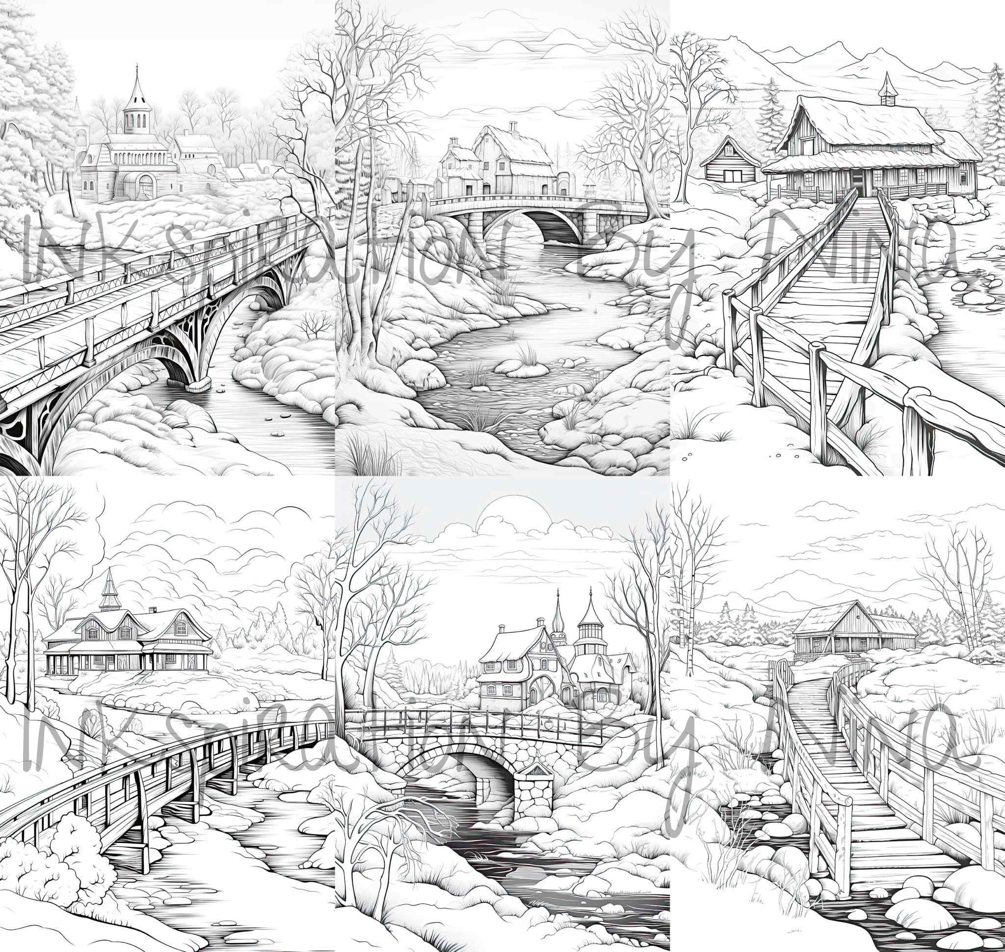 Wooden Bridge on Frozen River Coloring Book, 23 Detail Greyscale Adult ...