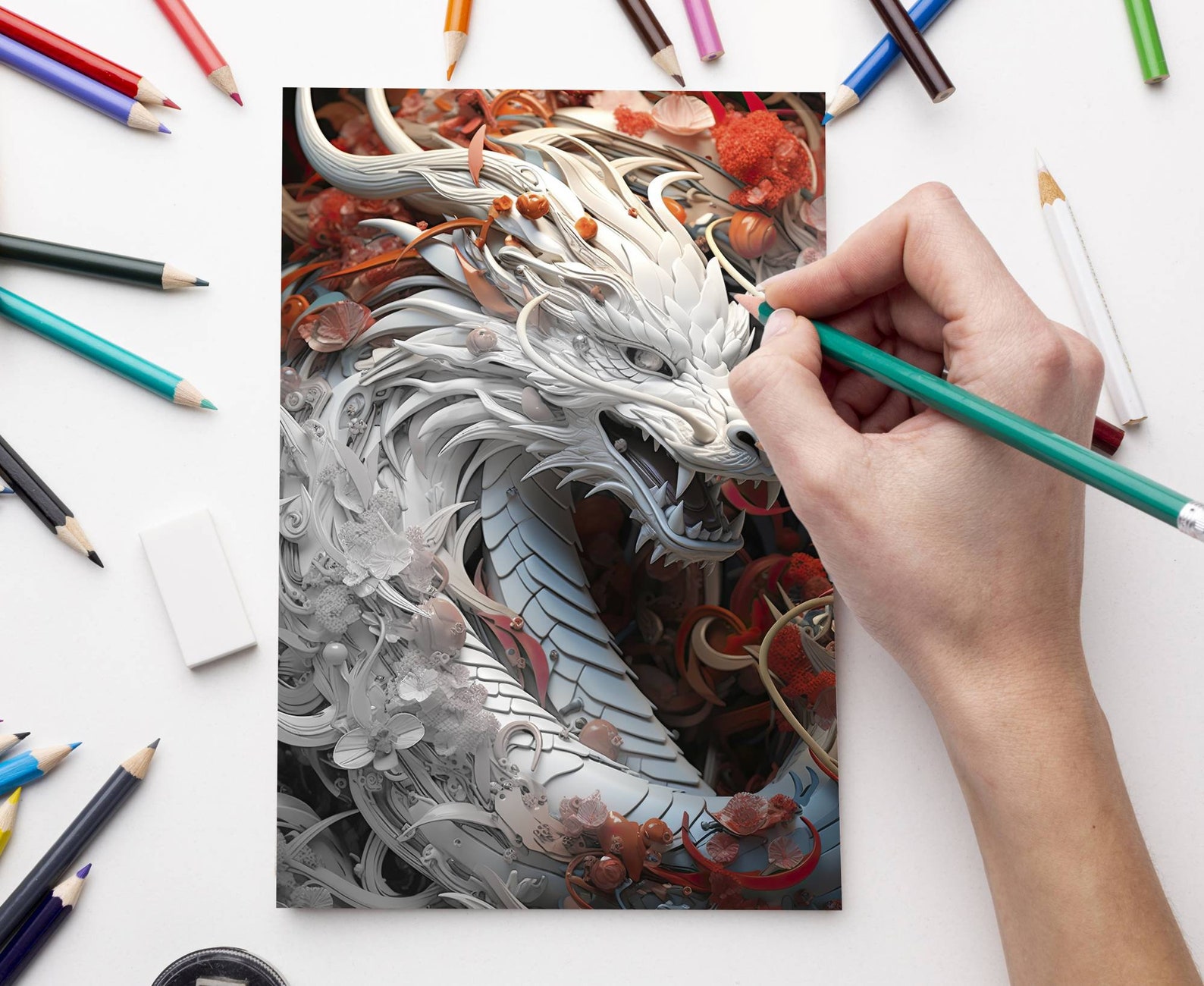 Wood Carved Japanese Dragon Coloring Pages 20 Premium - Etsy