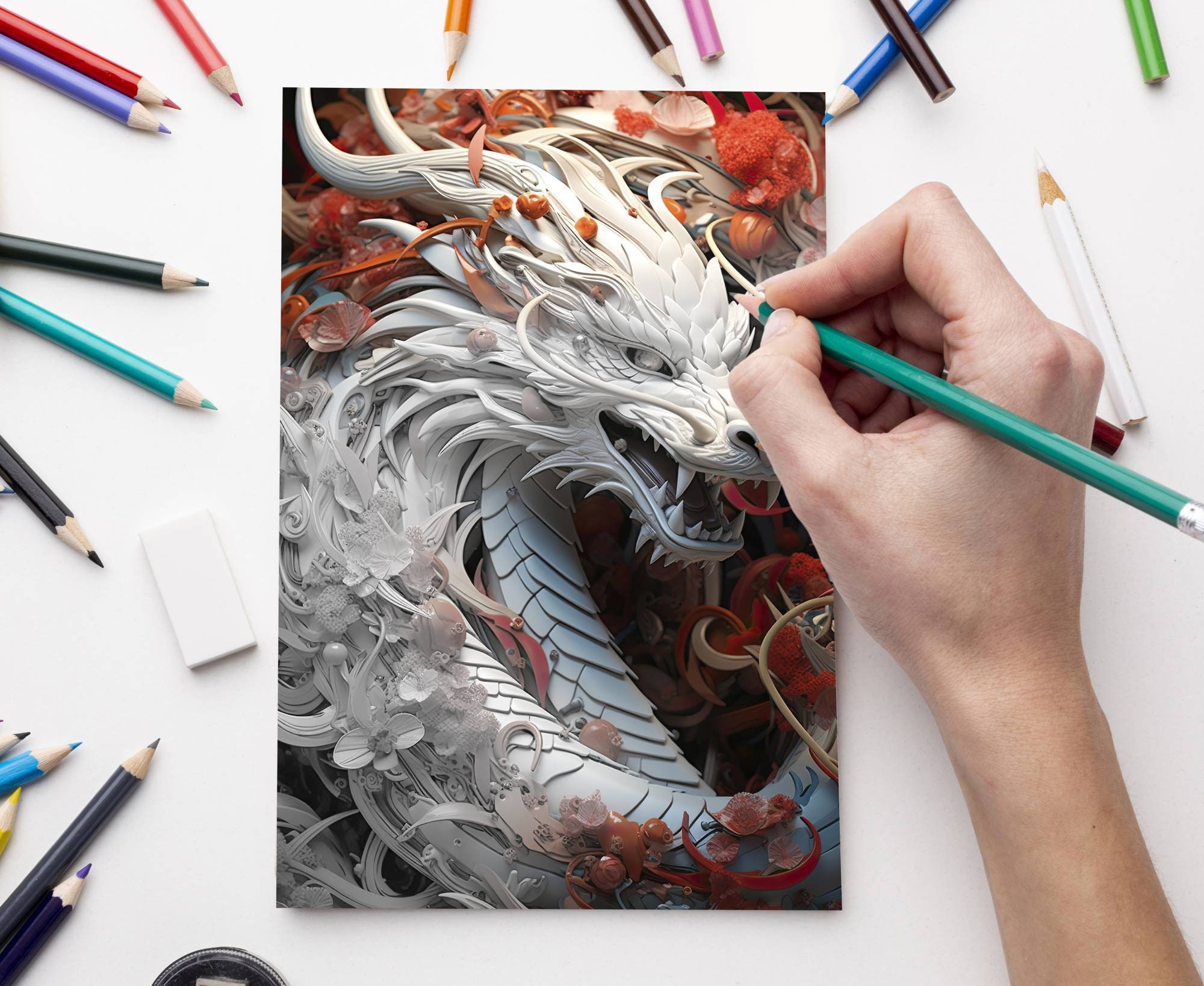 Wood Carved Japanese Dragon Coloring Pages, 20 Premium Adult Coloring ...