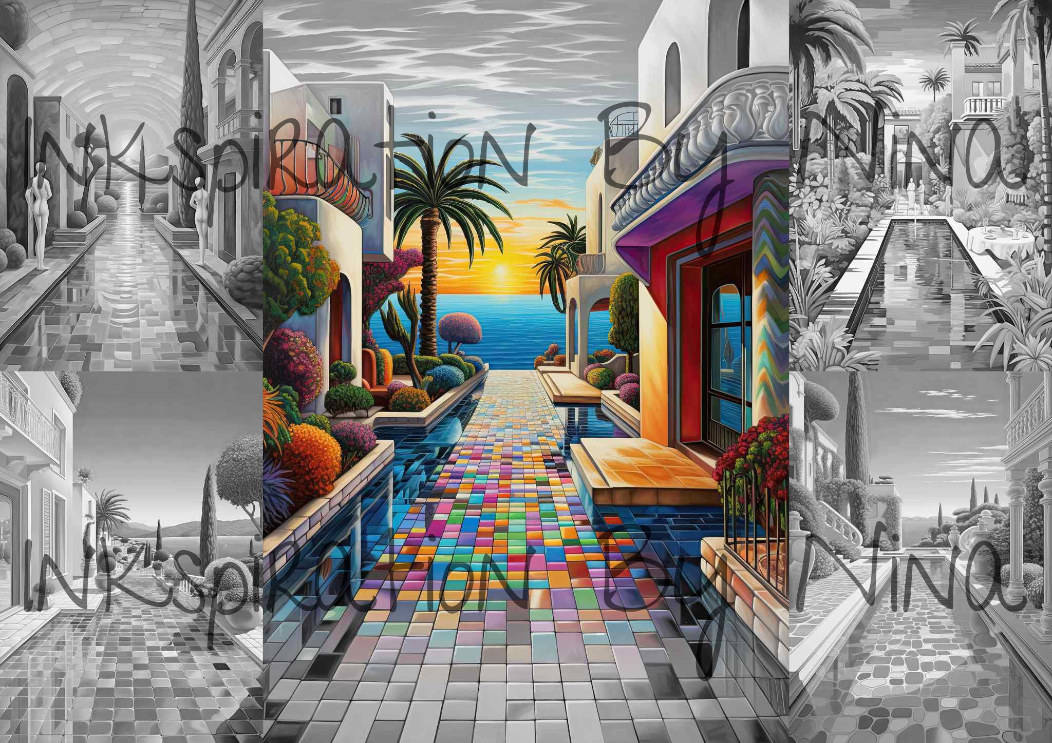 Luxury Pool Villa Coloring Book, 20 Detail Greyscale Adult & Kids ...