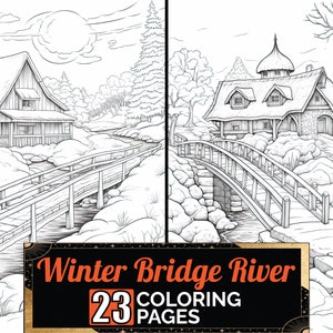 Wooden Bridge on Frozen River Coloring Book, 23 Detail Greyscale Adult ...