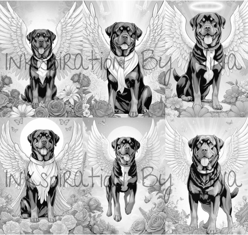 Rottweiler Angel Coloring Book, 30 Detail Greyscale Adult & Kids Good ...