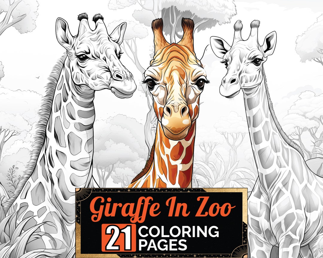 Giraffe in Zoo Coloring Book, 21 Detail Greyscale Adult & Kids African ...