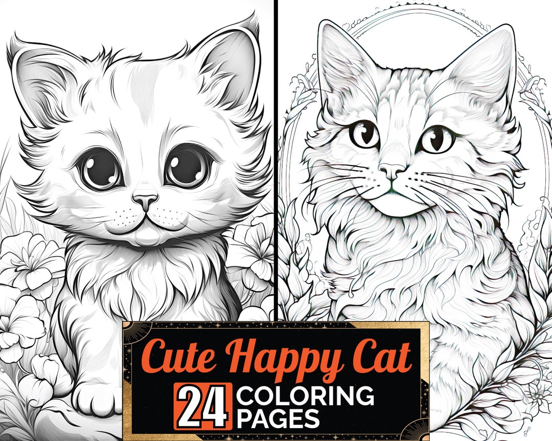 Cute Happy Cat Coloring Book, 24 Detail Greyscale Adult & Kids Animal ...