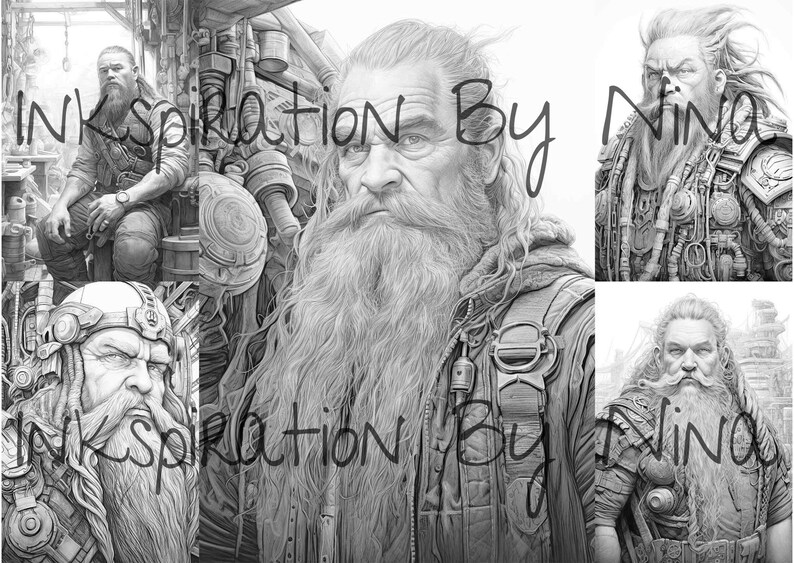 Dwarf Bearded Inventor Engineer Coloring Book, 22 Detail Greyscale ...