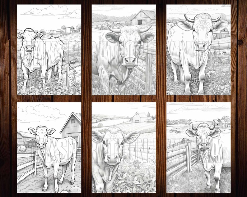 Farmland Cow Coloring Book, 20 Greyscale Adult & Kids Farm Animal ...