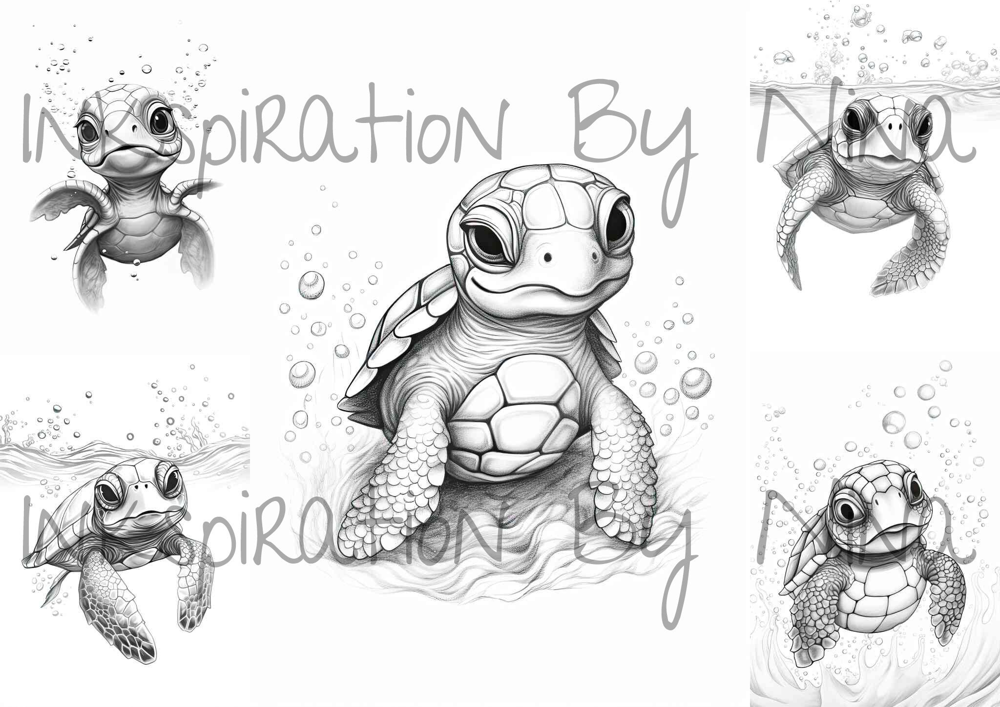 Cute Baby Sea Turtle Coloring Book, 21 Detail Greyscale Adult & Kids ...