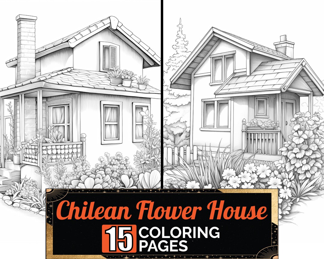 Small Chilean Flower House Coloring Book, 15 Detail Greyscale Adult ...