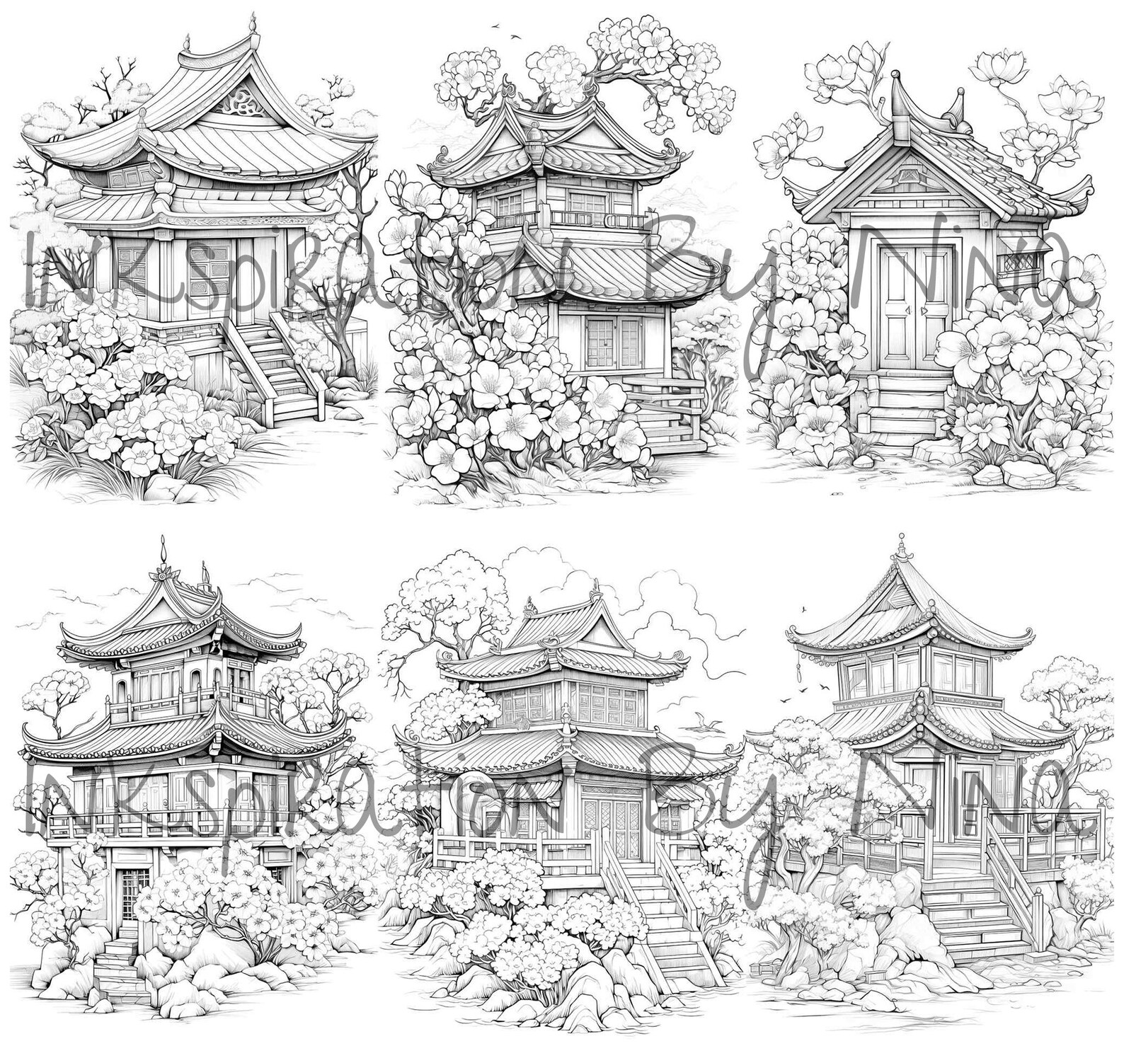 Small Chinese Garden House Coloring Book, 18 Detail Greyscale Adult ...