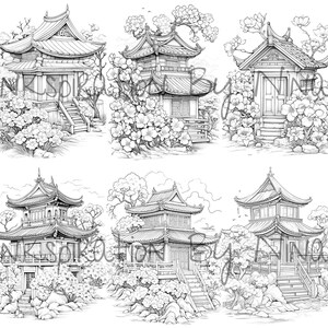 Small Chinese Garden House Coloring Book, 18 Detail Greyscale Adult ...