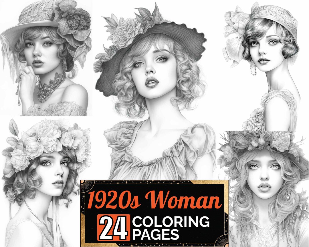 1920s Rich Woman Coloring Book, 20 Greyscale Adult & Kids Dog Detail ...