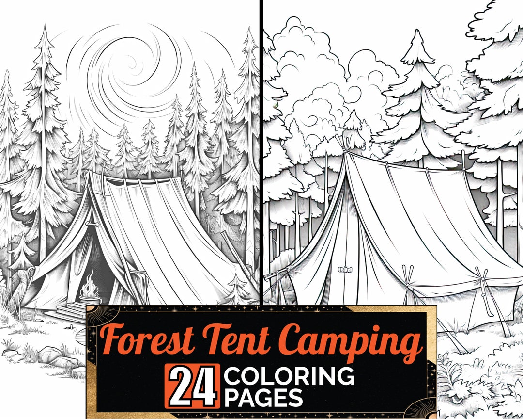Forest Tent Camping Coloring Book, 24 Detail Greyscale Adult & Kids ...