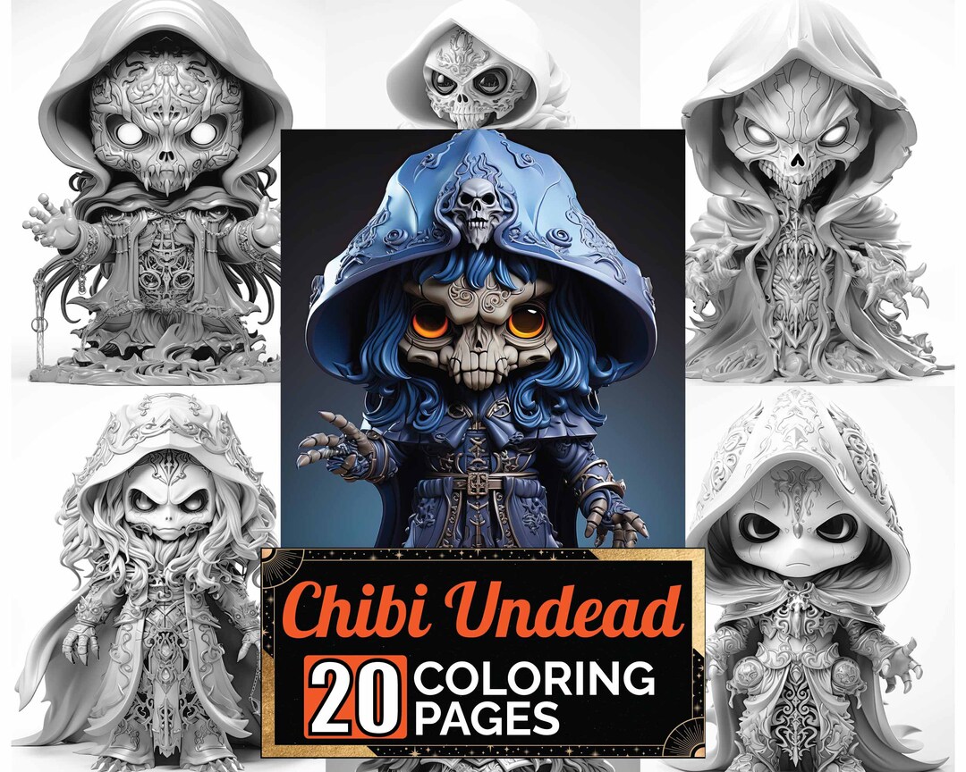 Chibi Cute Undead Skeleton Coloring Pages, 20 Premium Coloring Sheets ...