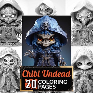 Chibi Cute Undead Skeleton Coloring Pages, 20 Premium Coloring Sheets ...