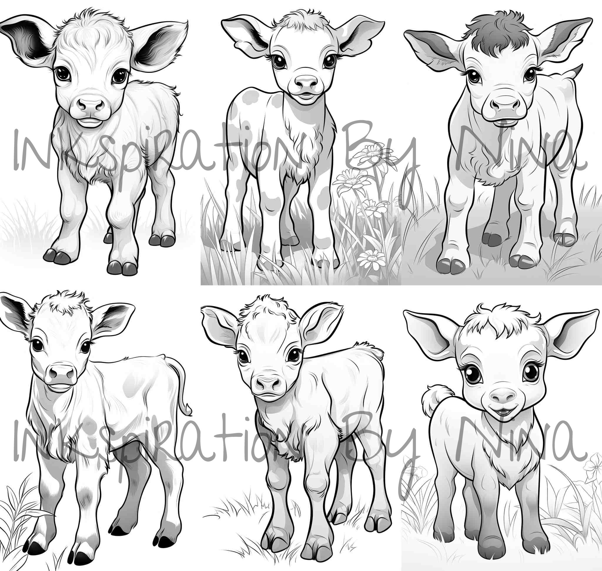 Cute Baby Calf Coloring Book, 30 Detail Greyscale Adult & Kids Cow ...