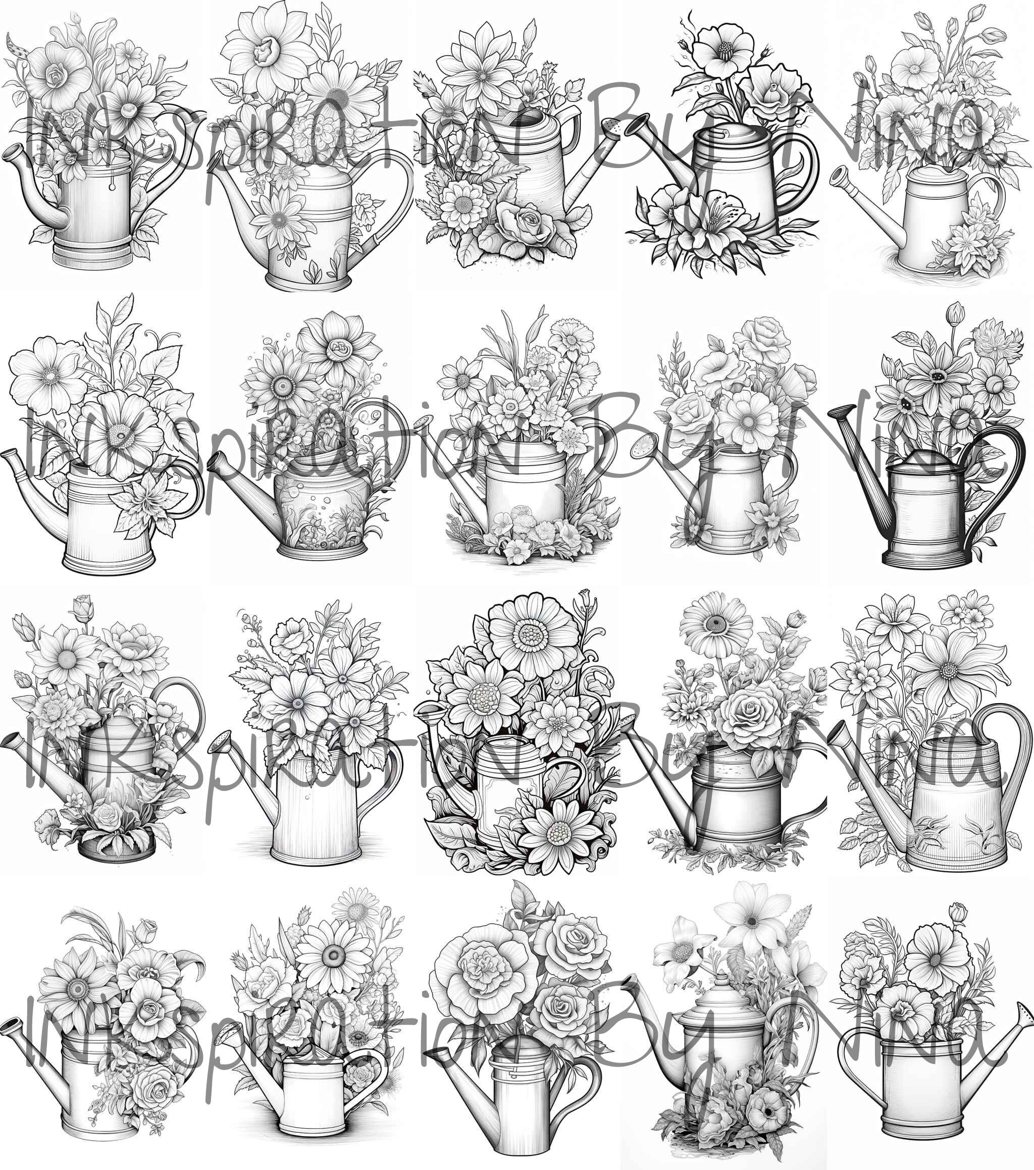 Flower Watering Can Coloring Book, 20 Detail Greyscale Adult & Kids ...