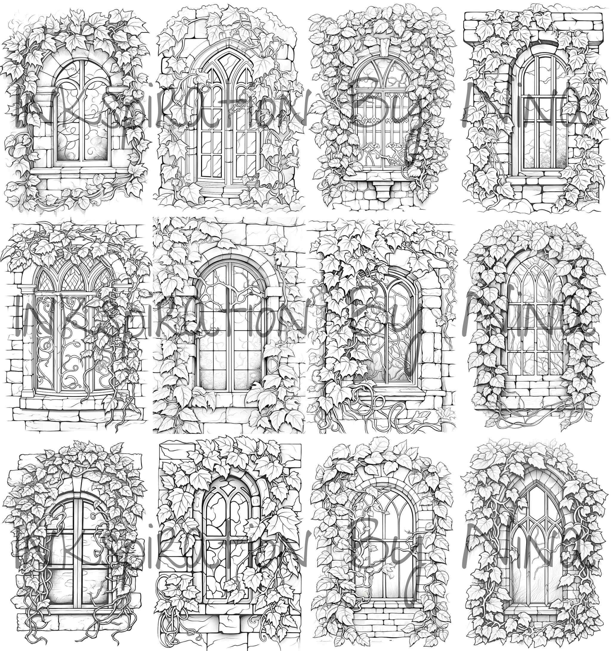 Beautiful Old Stone Window Coloring Book, 12 Detail Greyscale Adult ...