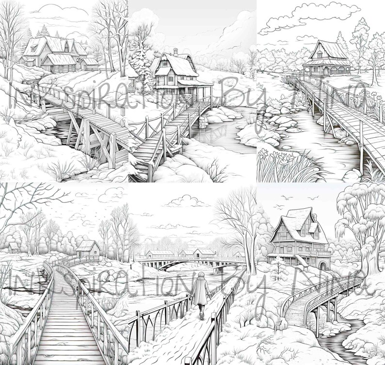 Wooden Bridge on Frozen River Coloring Book, 23 Detail Greyscale Adult ...
