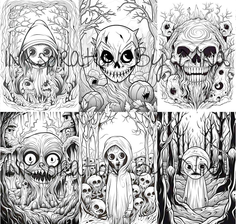 Scary Undead Haunted Forest Coloring Book, 24 Greyscale Adult & Kids ...