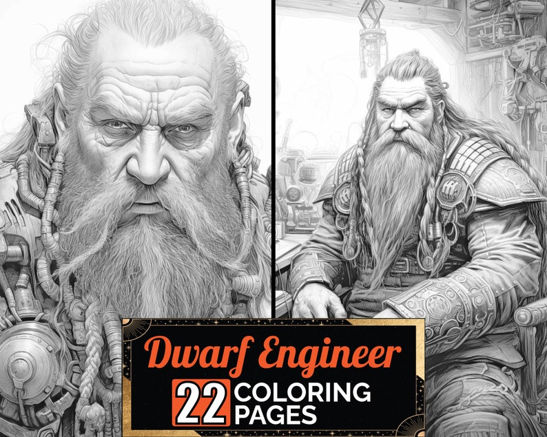 Dwarf Bearded Inventor Engineer Coloring Book, 22 Detail Greyscale ...