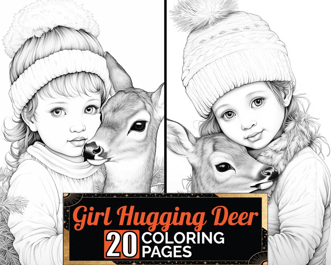 Little Girl Hugging Deer Coloring Book, 20 Detail Greyscale Adult ...