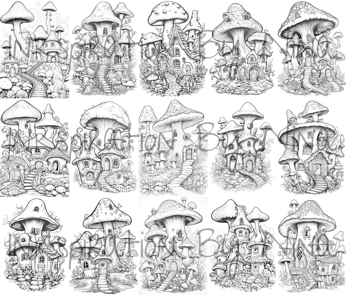 Magical Mushroom Village Coloring Book, 15 Detail Greyscale Adult ...