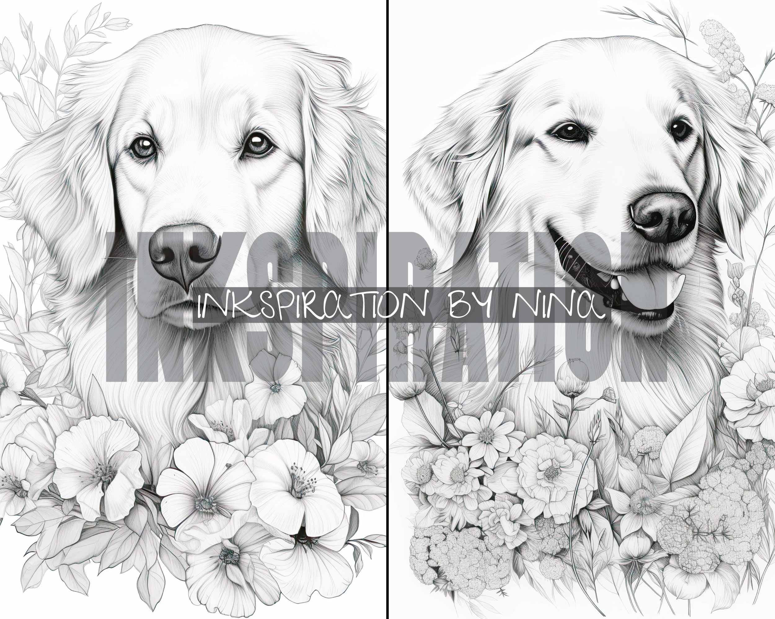 Golden Retriever in Flowers Coloring Pages, 20 Premium Coloring Sheets ...