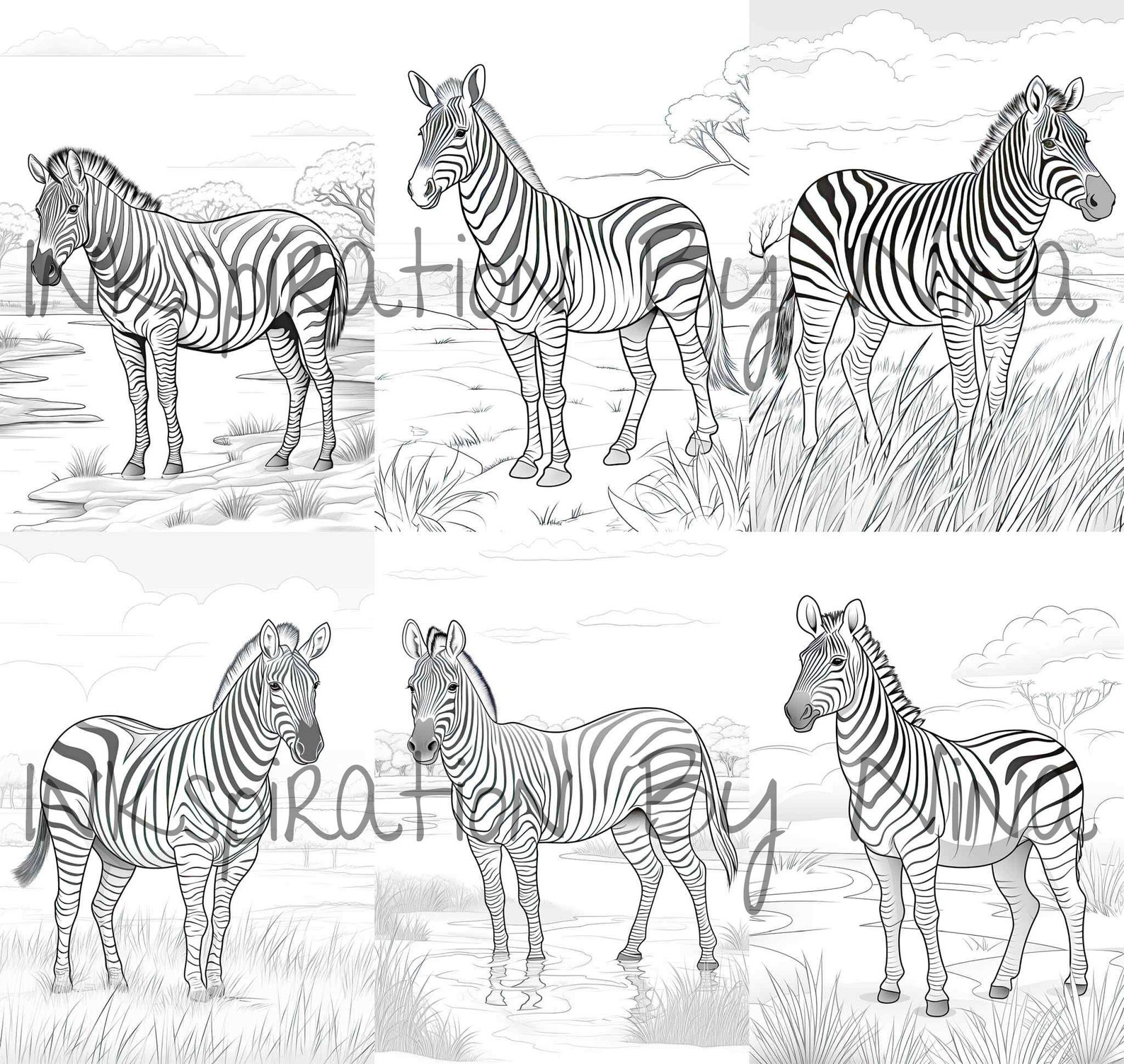 Zebra Grazing African Plains Coloring Book, 24 Detail Greyscale Adult ...