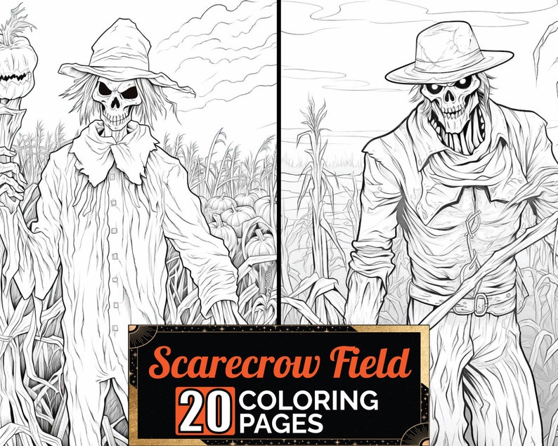 Spooky Scarecrow Field Coloring Book, 20 Greyscale Adult & Kids ...