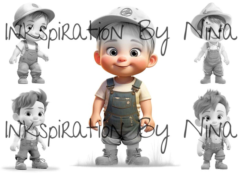 Cute Farmer Countryside Boy Coloring Book, 16 Detail Greyscale Adult ...