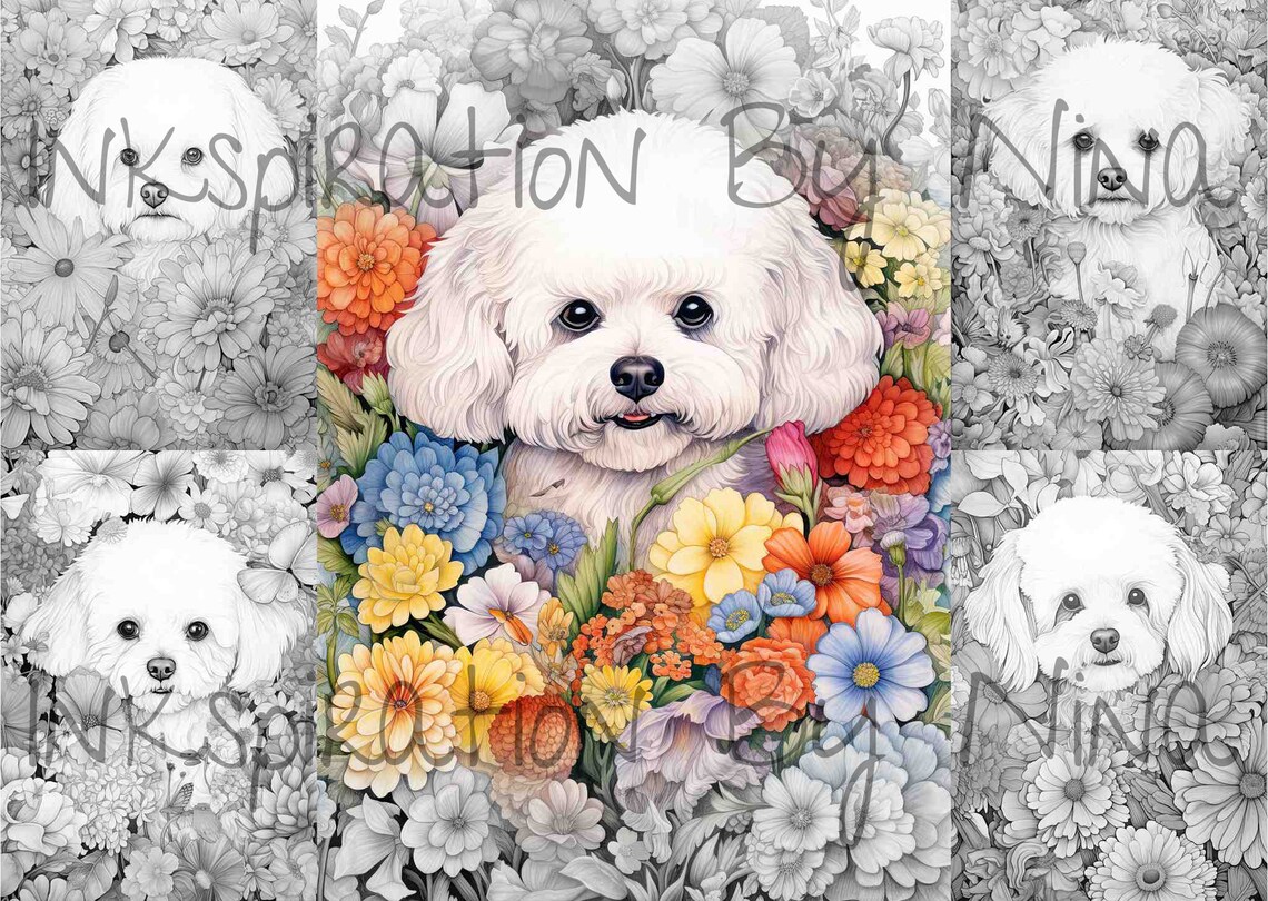Bichon Frise in Flowers Coloring Book, 20 Detail Greyscale Adult & Kids ...
