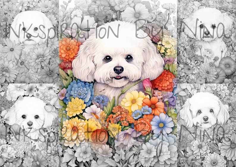 Bichon Frise in Flowers Coloring Book, 20 Detail Greyscale Adult & Kids ...